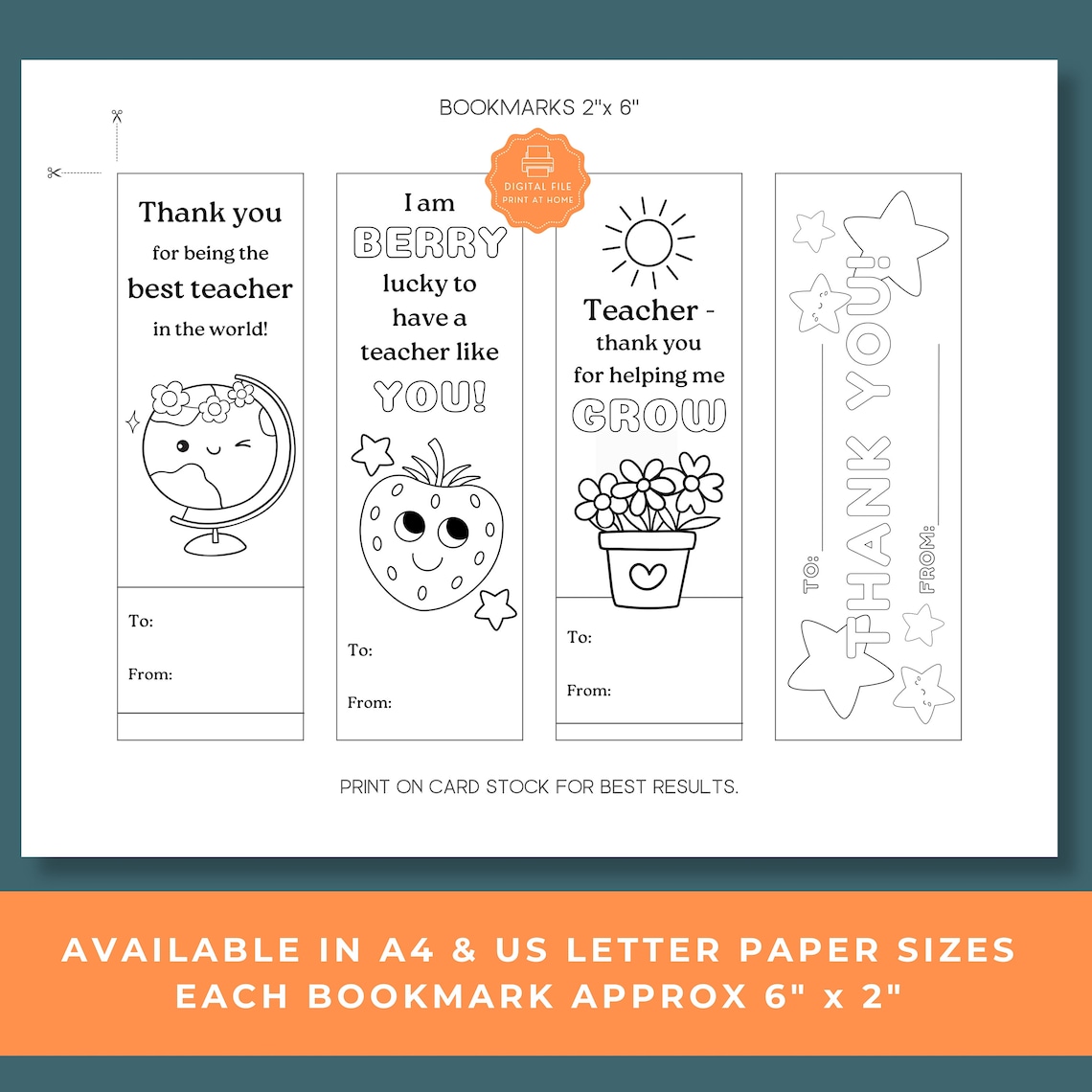 Teacher Appreciation Coloring Bookmarks, Printable Thank You Teacher ...