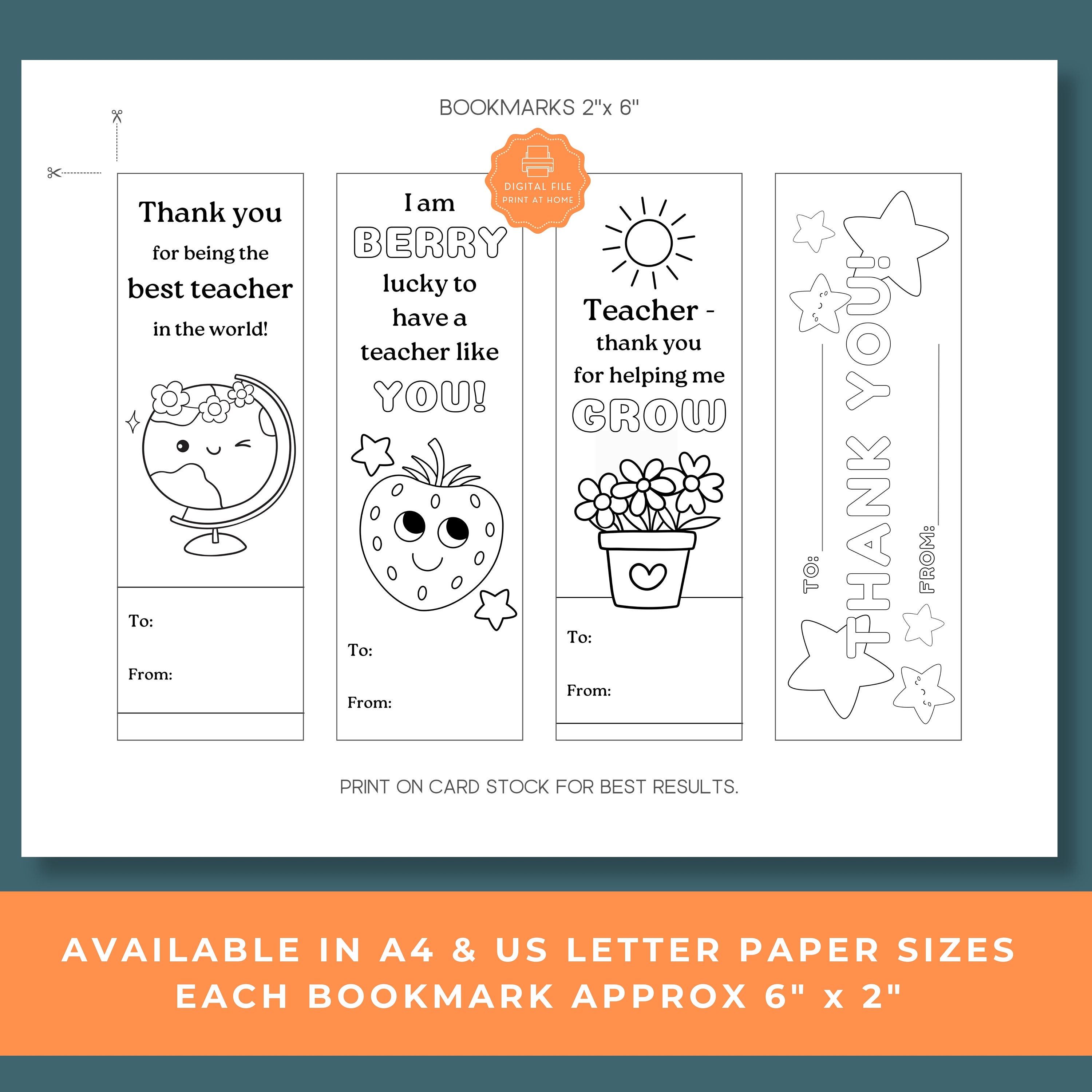 Teacher Appreciation Coloring Bookmarks, Printable Thank You Teacher ...