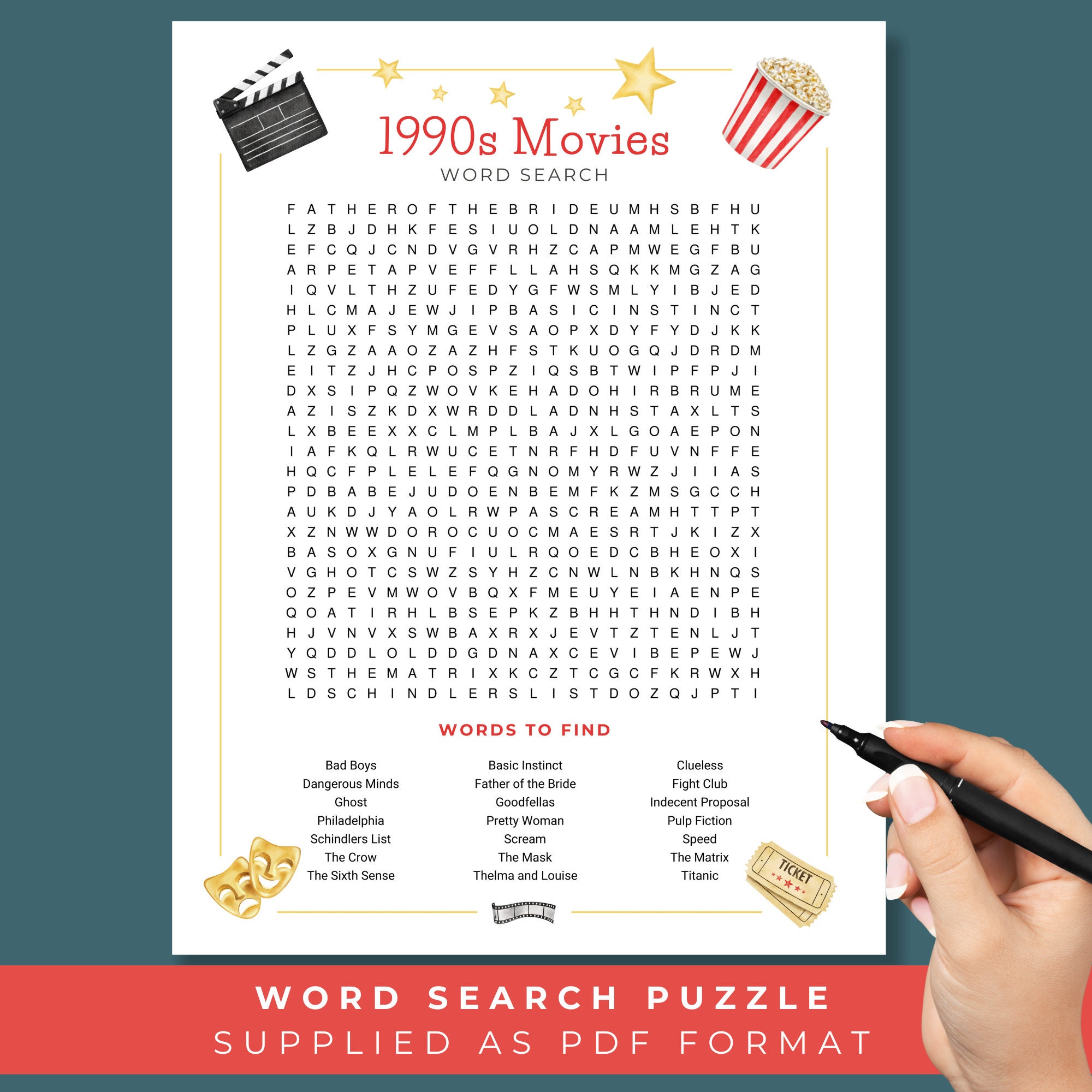 1990s Movie Word Search Printable, 90s Movies Puzzle Game, Movie Night ...