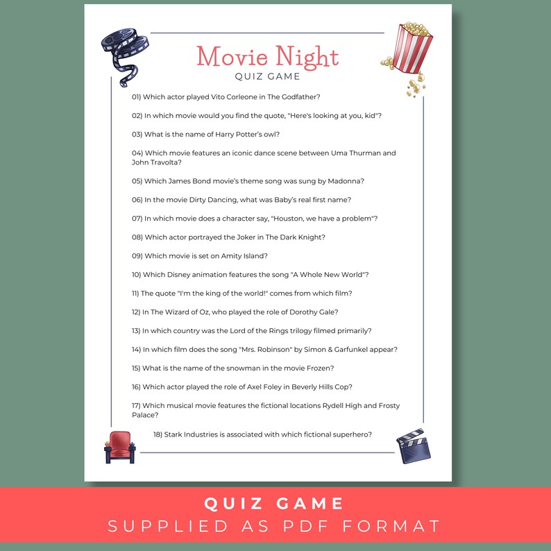 Movie Night Quiz Game, Printable Movie Trivia Game, Movie Party Game ...