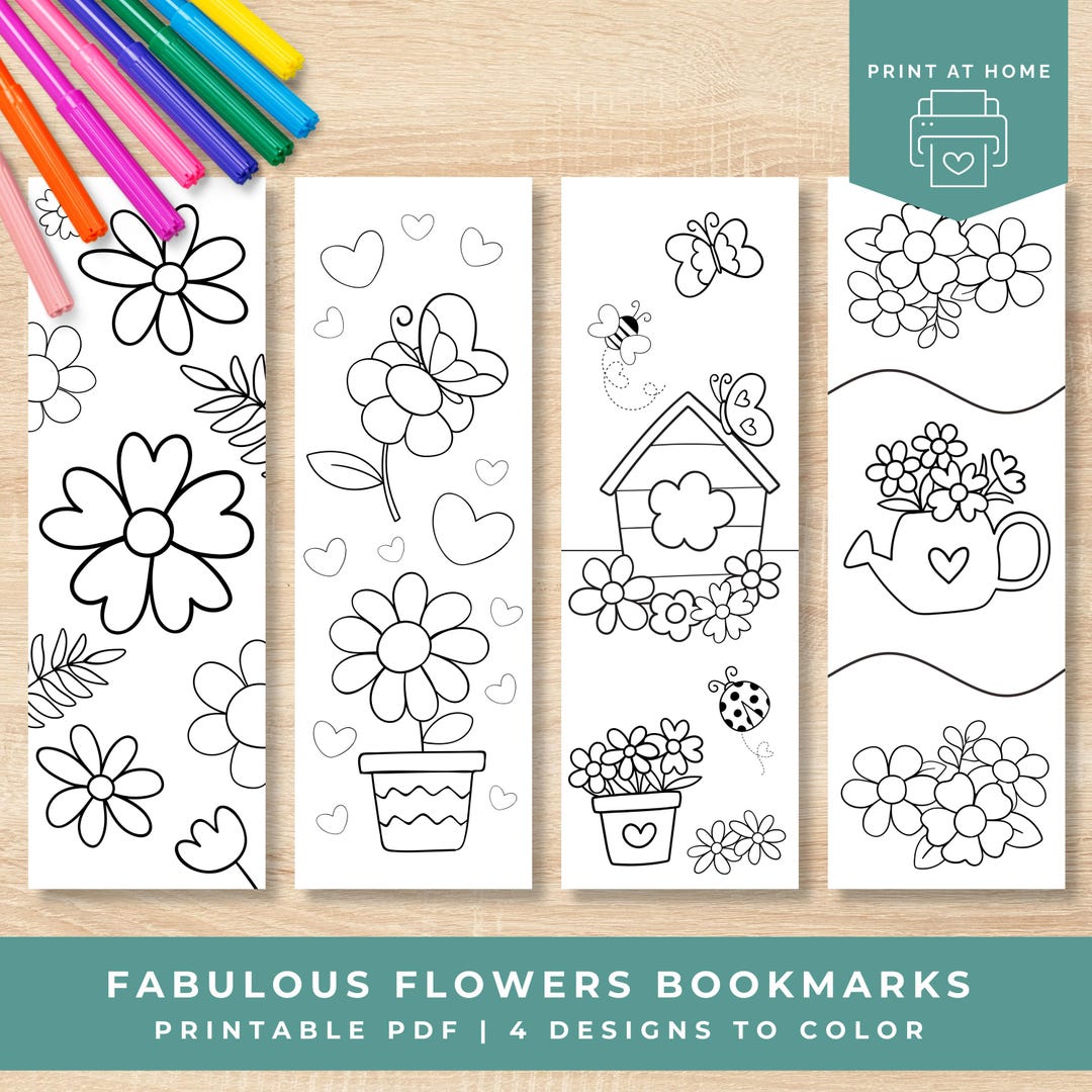 Flower Coloring Bookmarks Printable, Floral Bookmarks to Color, Spring ...
