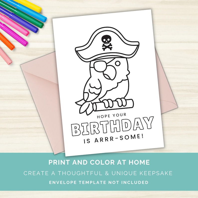 Pirate Birthday Coloring Card Printable, Kids Pirate Birthday Card to ...