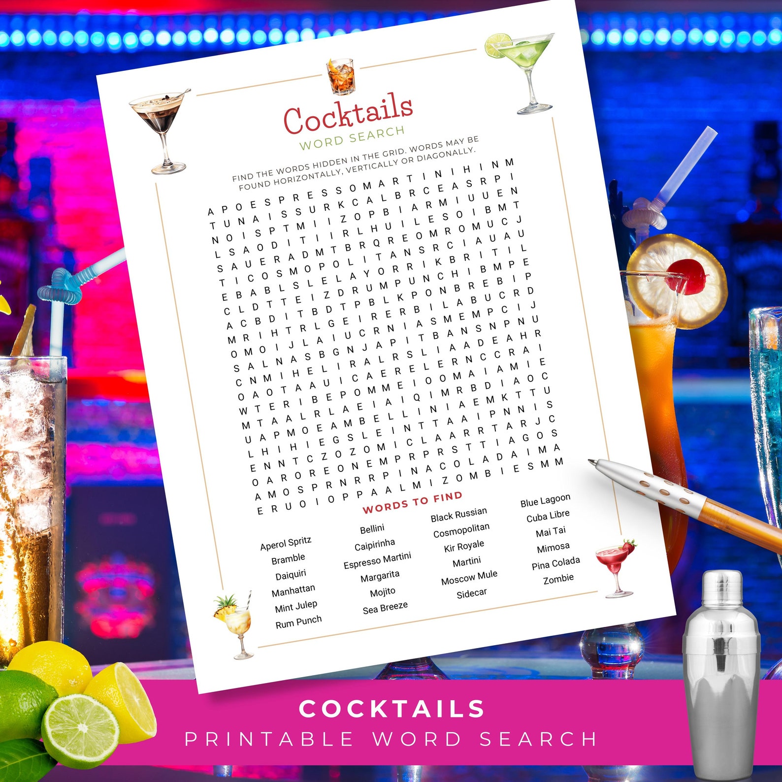 Cocktail Word Search, Printable Cocktail Party Game, Bachelorette Party ...