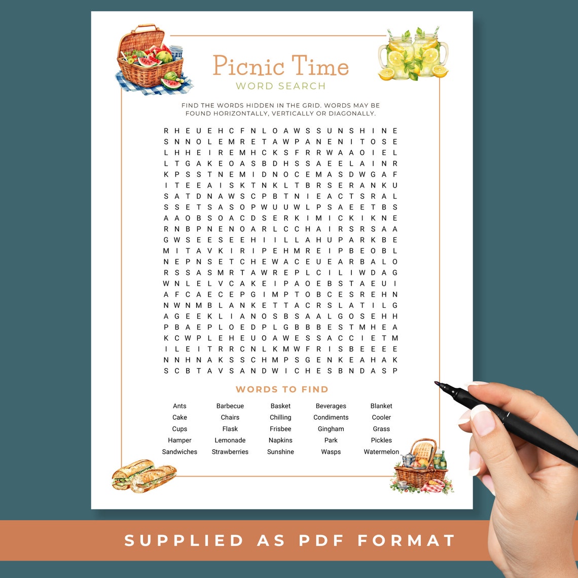 Picnic Word Search, Printable Word Search, Summer Word Games, Garden ...