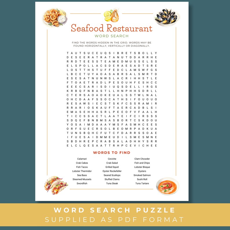 Fish and Seafood Word Search, Printable Seafood Restaurant Party Game ...