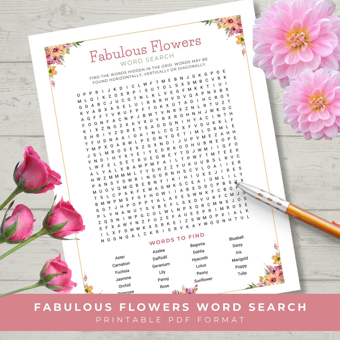 Flowers Word Search, Floral Printable Puzzle Game, Garden Party Games ...