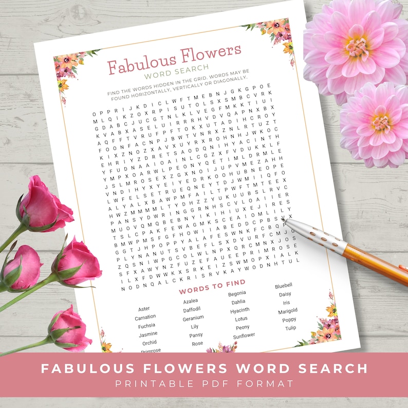 Flowers Word Search, Floral Printable Puzzle Game, Garden Party Games ...