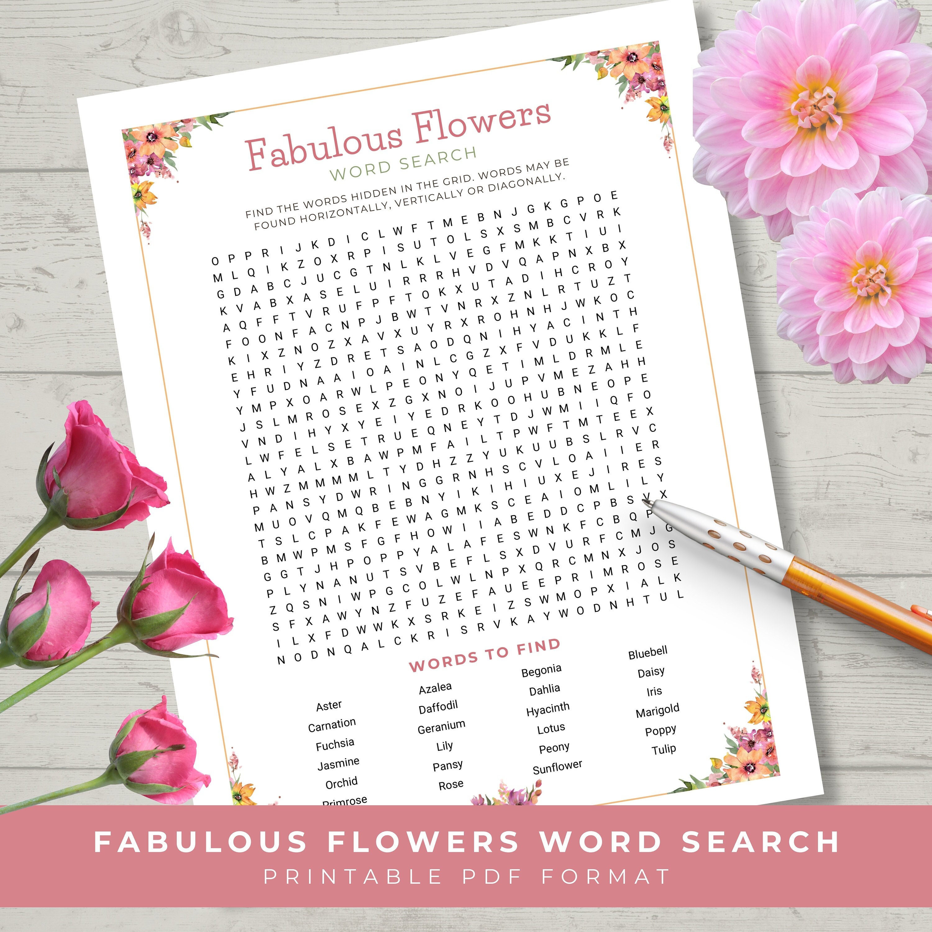 Flowers Word Search, Floral Printable Puzzle Game, Garden Party Games ...