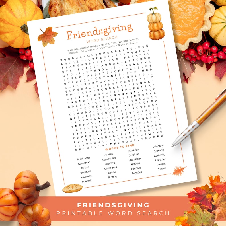 Friendsgiving Word Search, Printable Thanksgiving Party Game, Fun ...