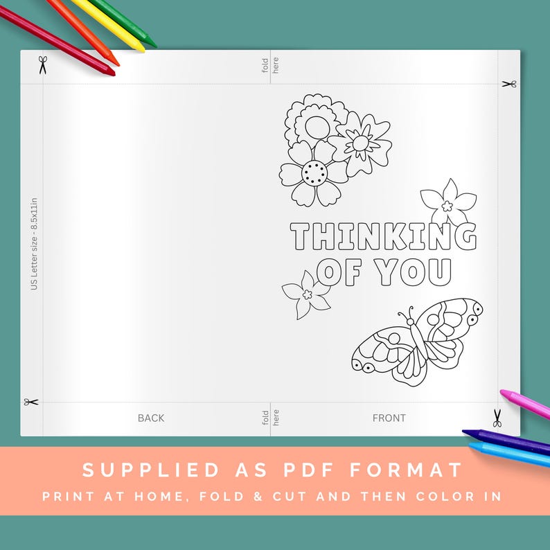 Thinking of You Coloring Card, Butterfly & Flowers Design, Sympathy ...