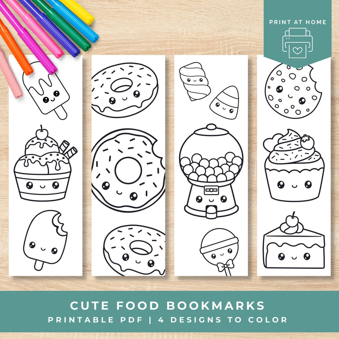 Cute Food Coloring Bookmarks Printable, Kawaii Snack Bookmarks for Kids ...