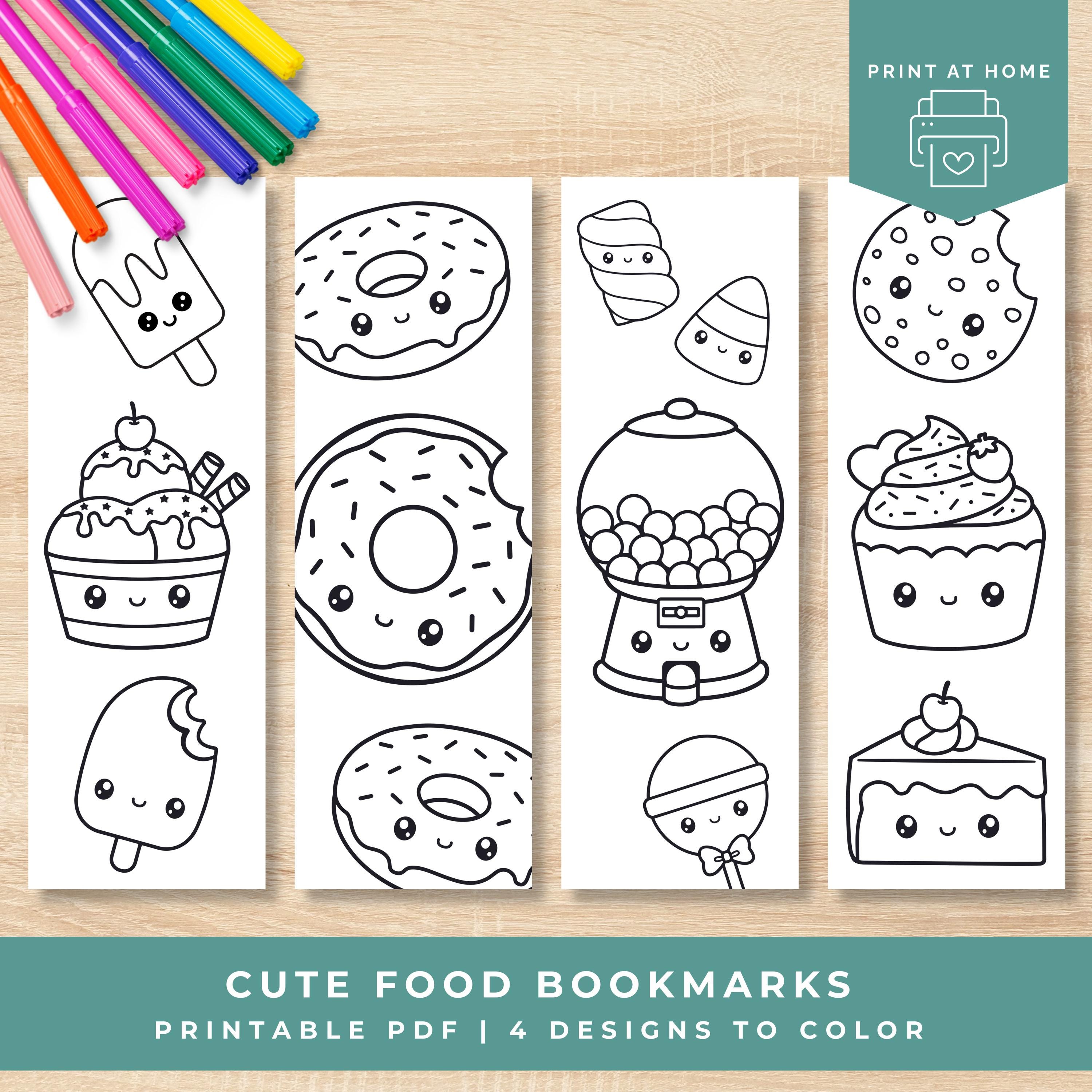 Printable Food Coloring Bookmarks, Cute Kawaii Bookmarks to Color, Fun ...