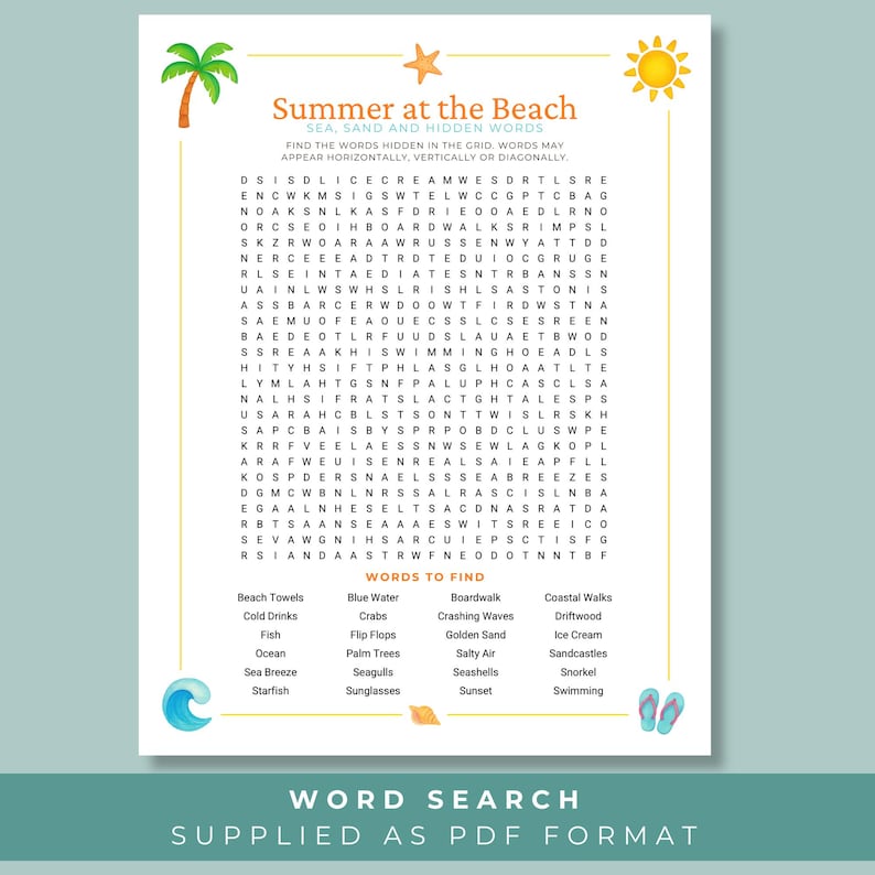 Beach Word Search Printable for Adults and Teens, Beach Party Game ...