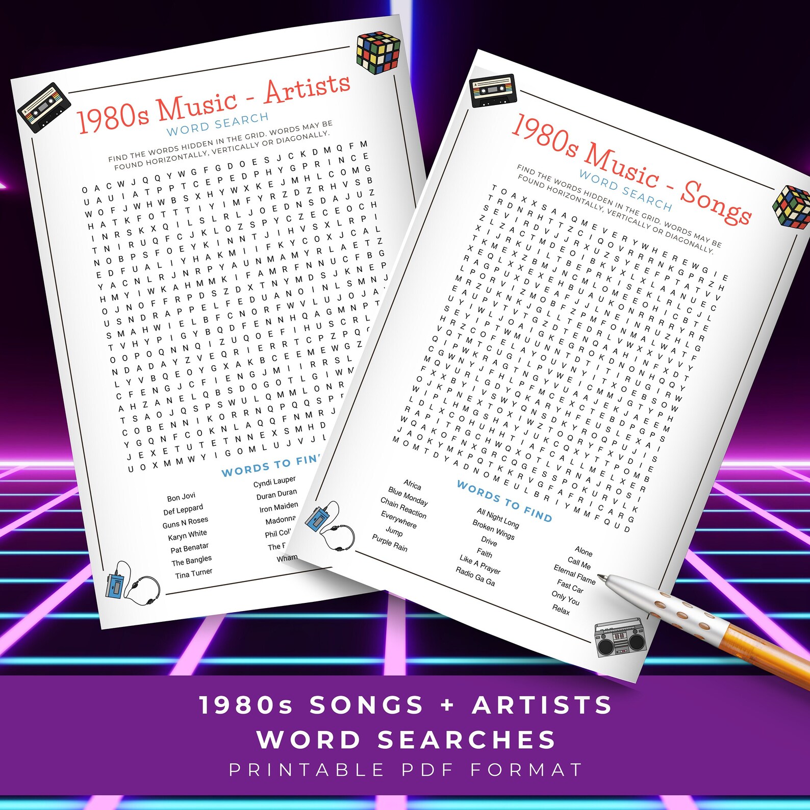 1980s Music Word Search, 80s Party Games, Word Puzzles for Adults ...