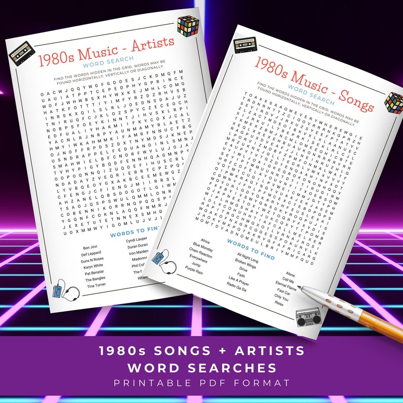 1980s Music Word Search, 80s Party Games, Word Puzzles for Adults ...