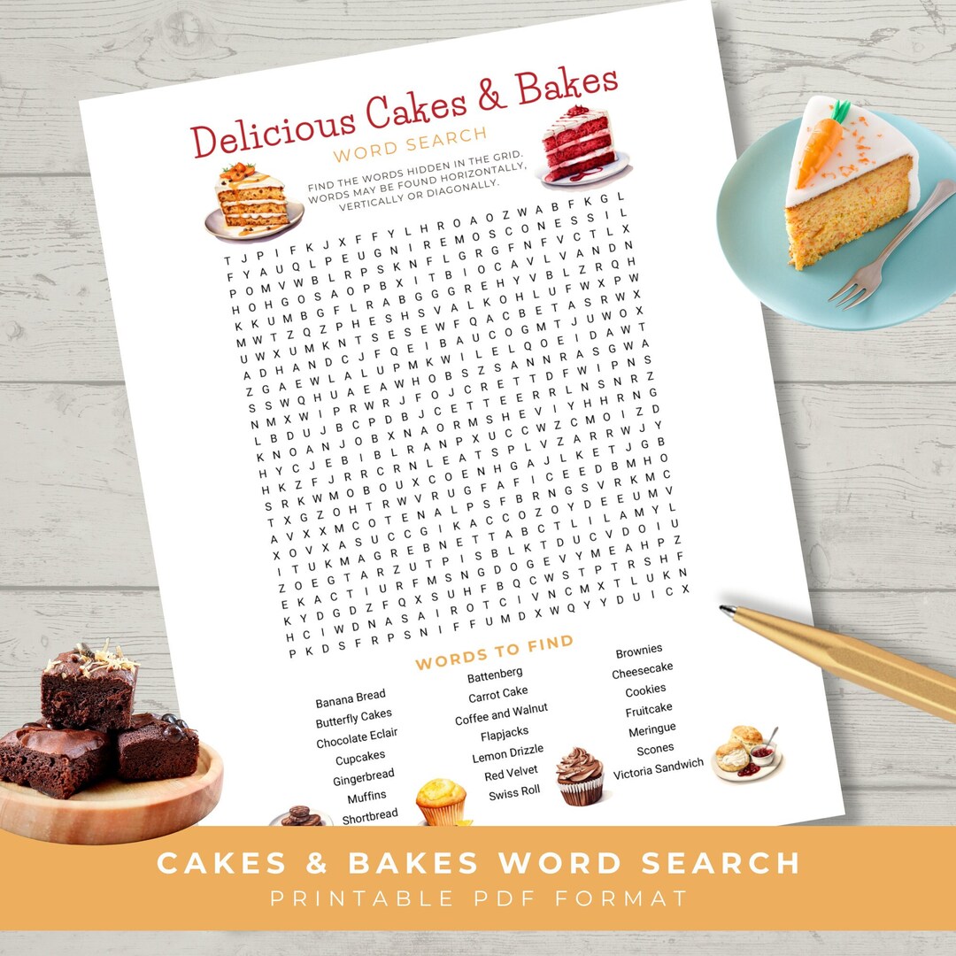 Cake Word Search, Cakes Printable Puzzle Game, Afternoon Tea Party ...