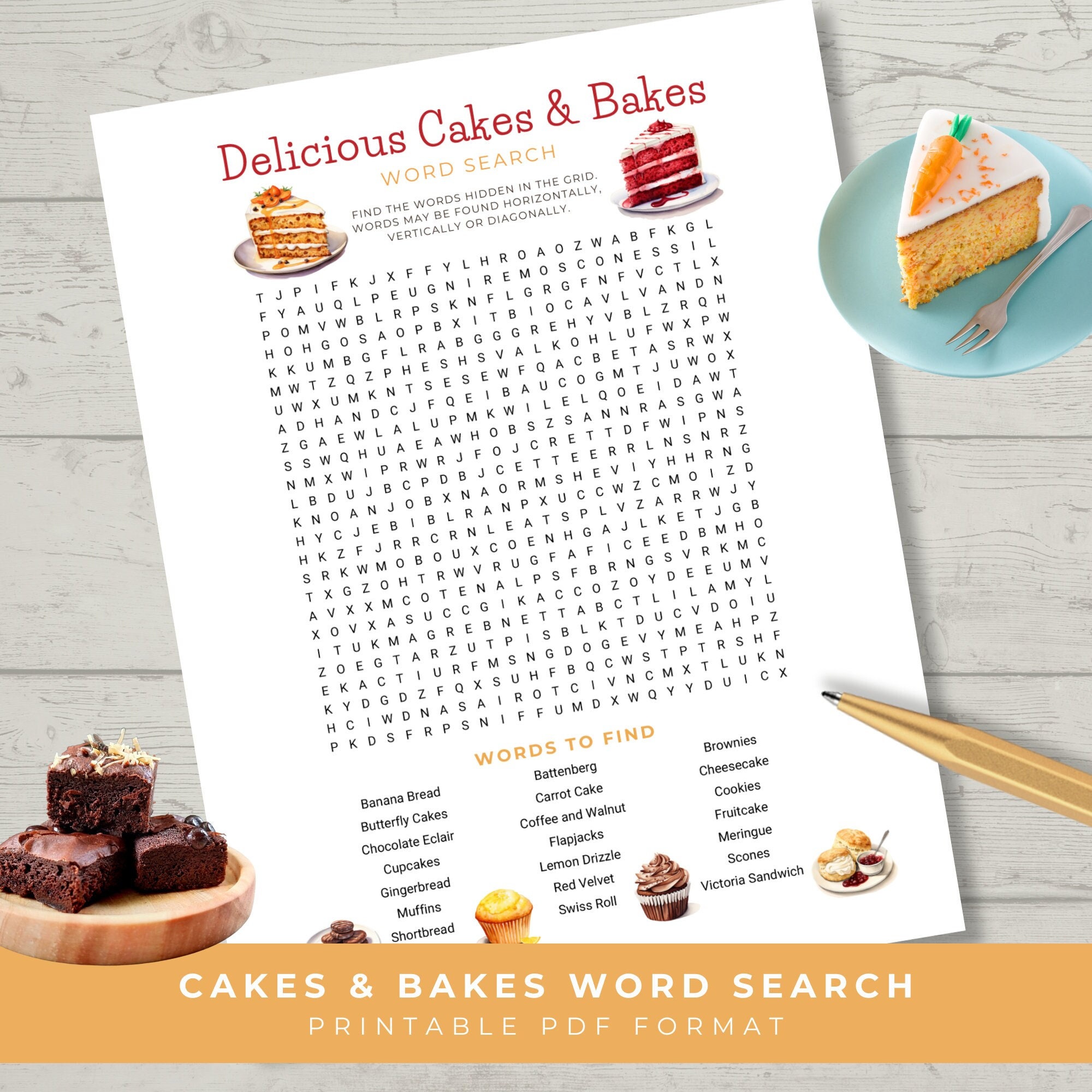 Cake Word Search, Cakes Printable Puzzle Game, Afternoon Tea Party ...