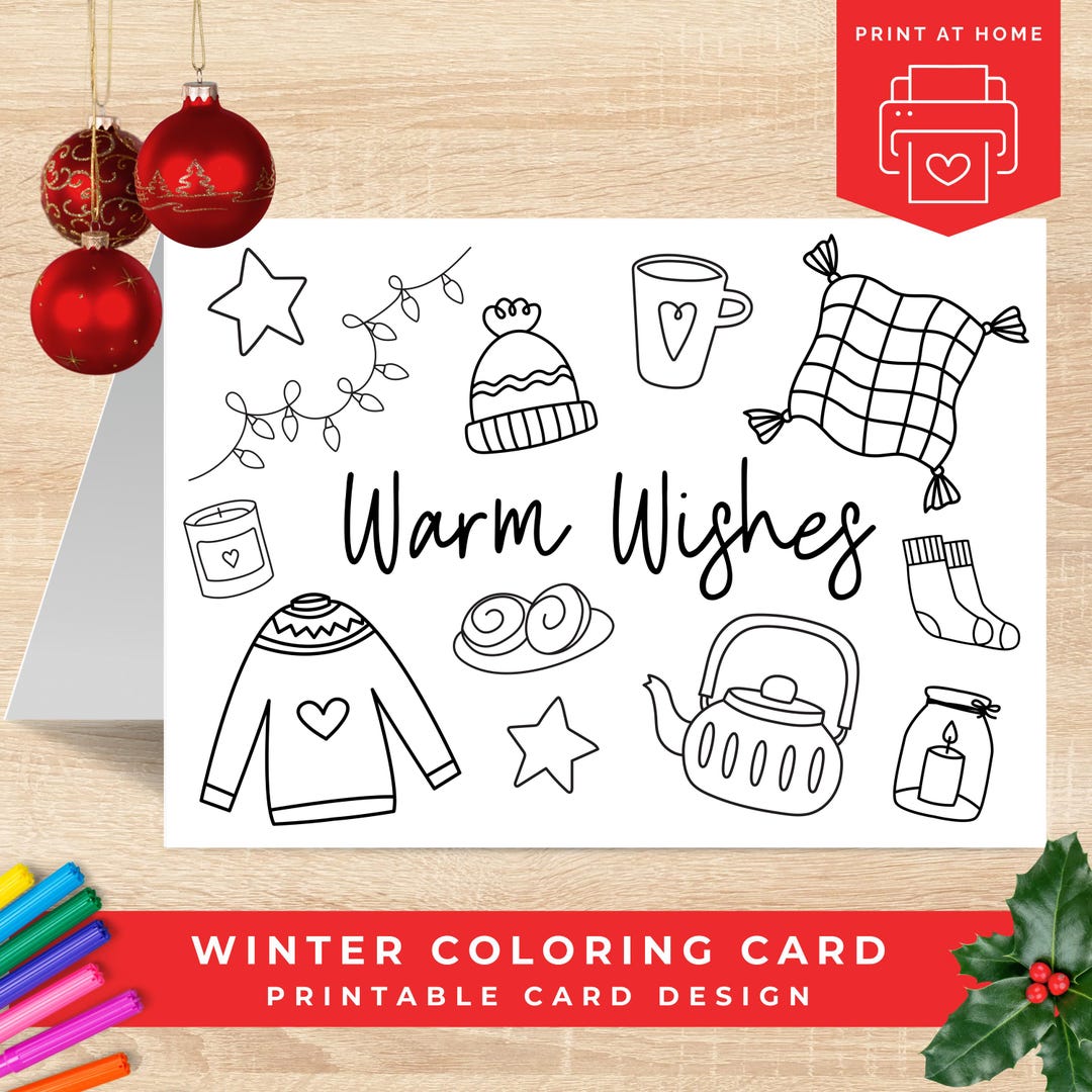 Warm Wishes Coloring Card Printable, Cozy Winter Doodle Card to Color ...