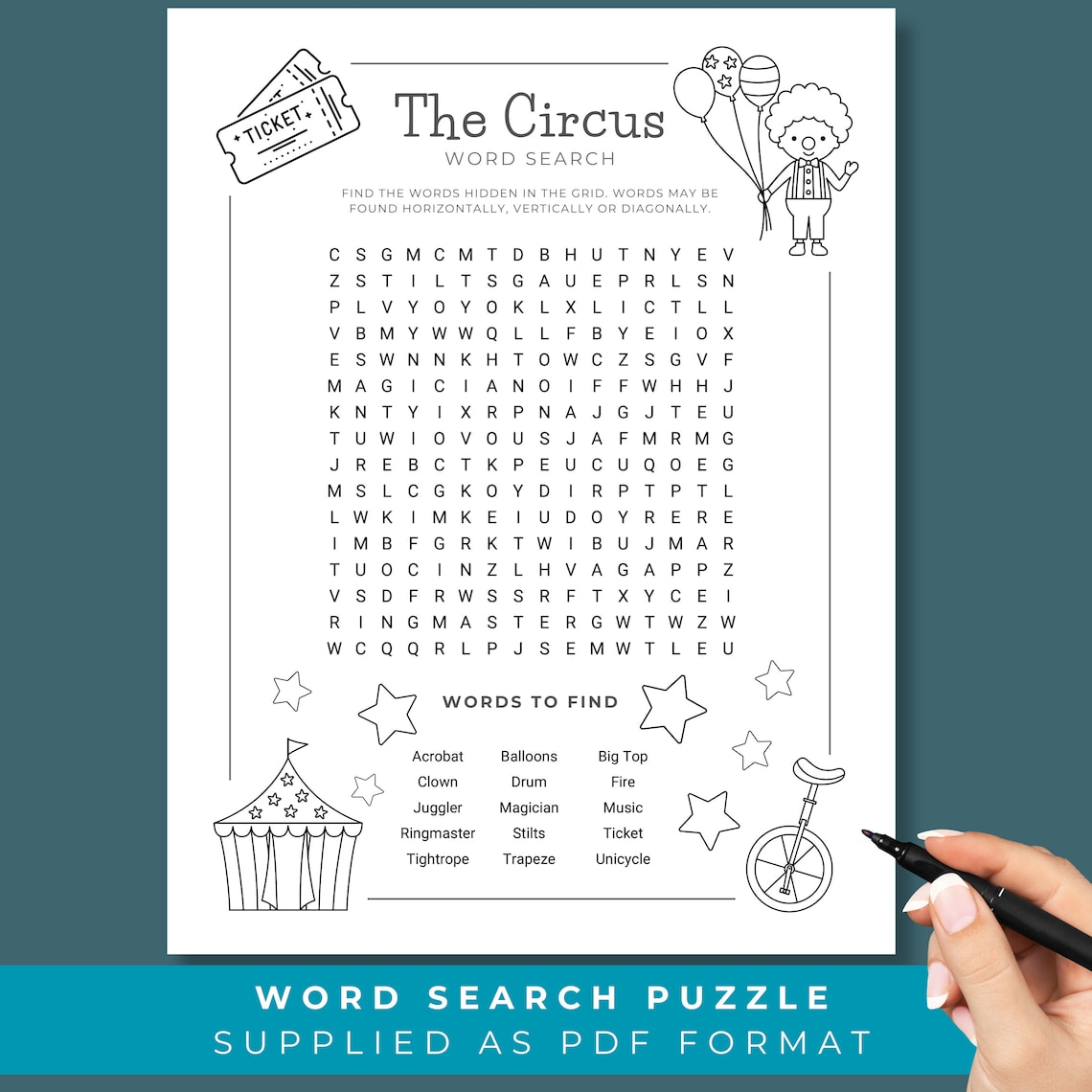 Circus Word Search for Kids, Printable Circus Coloring Page, Circus ...