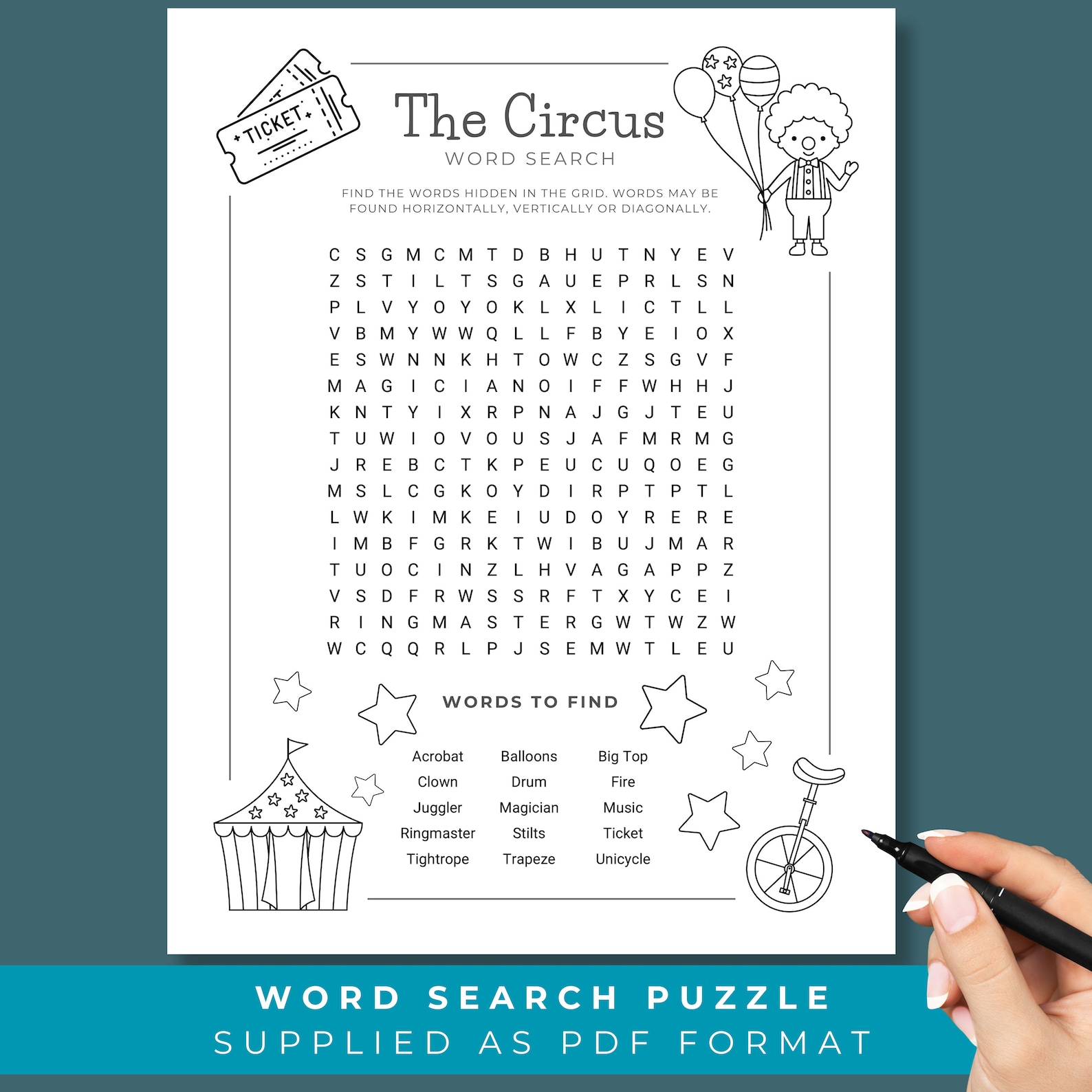 Circus Word Search for Kids, Printable Circus Coloring Page, Circus ...