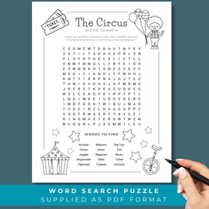 Circus Word Search for Kids, Printable Circus Coloring Page, Circus ...