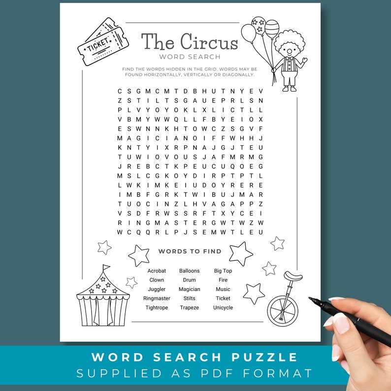 Circus Word Search for Kids, Printable Circus Coloring Page, Circus ...