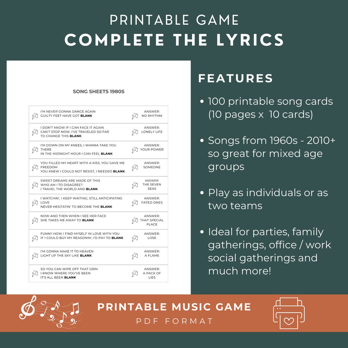 Complete the Lyrics Game, Printable Party Game, Music Quiz, Pop Music ...