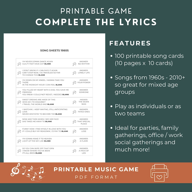 Complete the Lyrics Game, Printable Party Game, Music Quiz, Pop Music ...