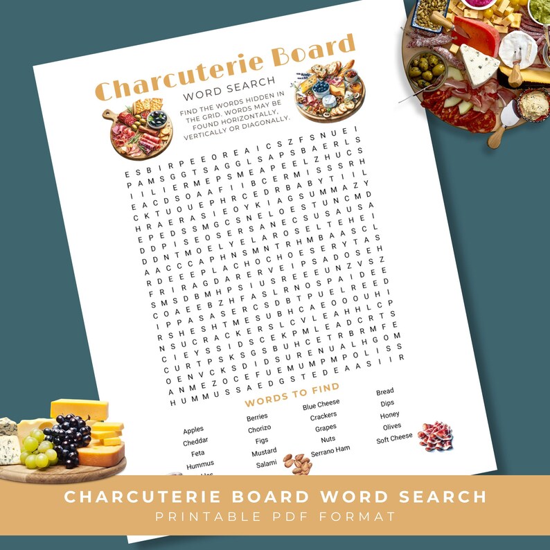 Charcuterie Board Word Search, Grazing Boards, Printable Party Game ...