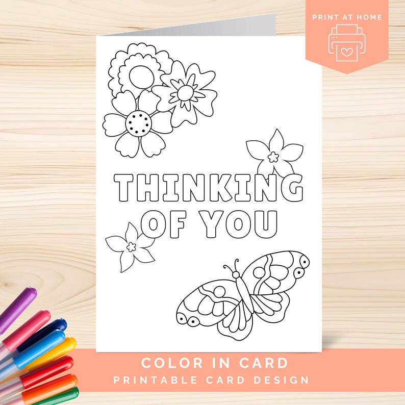 Thinking of You Coloring Card, Butterfly & Flowers Design, Sympathy ...