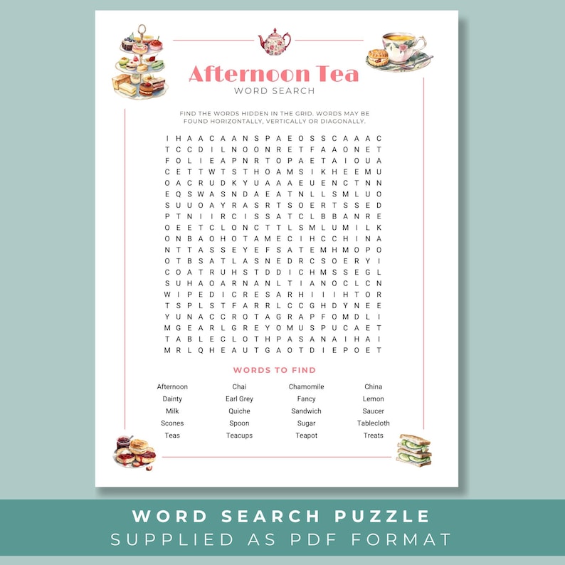 Afternoon Tea Word Search Printable, Tea Party Game for Adults, High ...