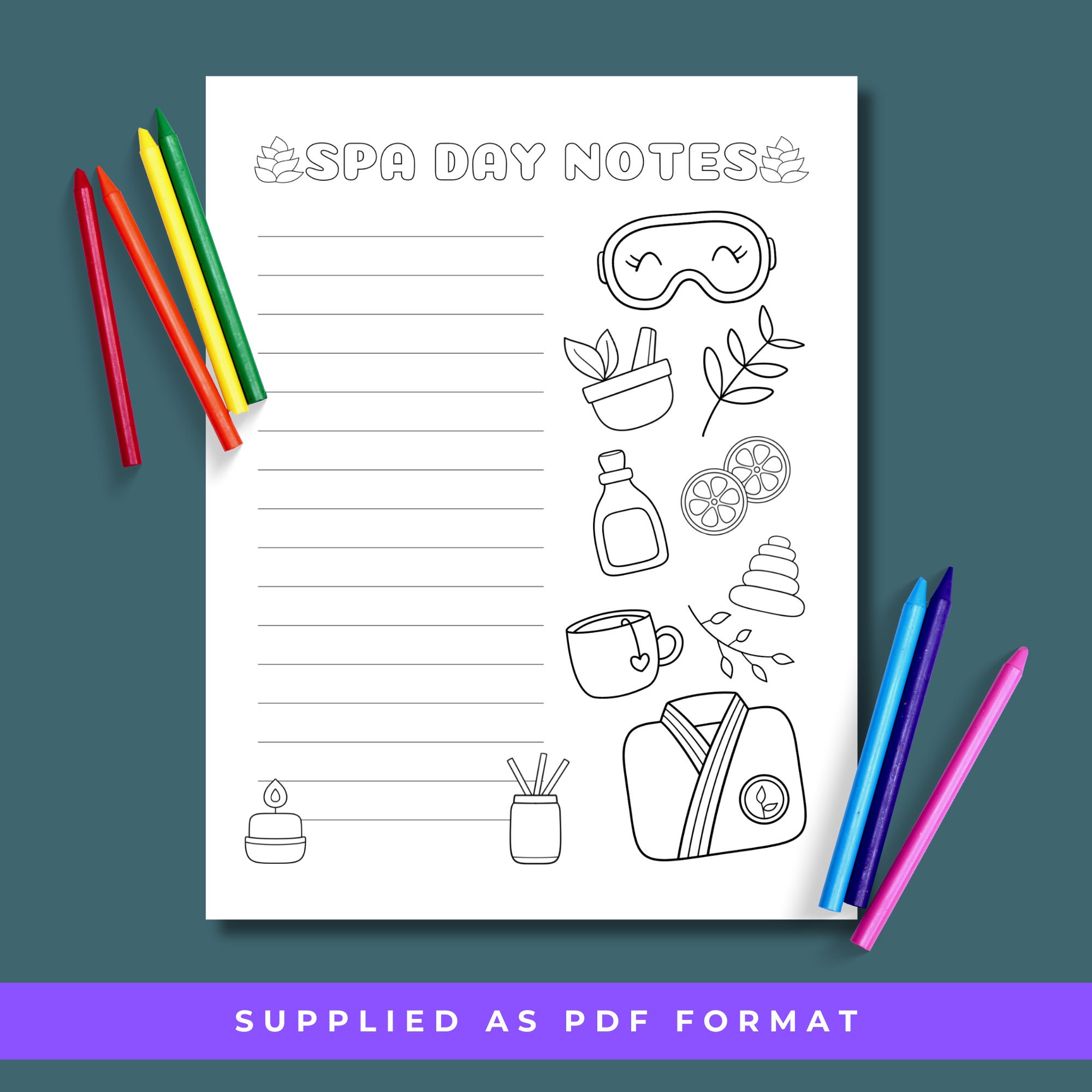 Spa Coloring Sheet, Spa Day Notes Printable Colouring Page, Spa Party ...