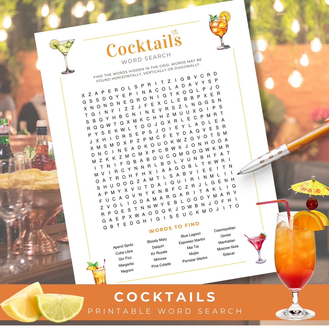 Cocktails Word Search, Printable Game for Adults, Drinking Games ...