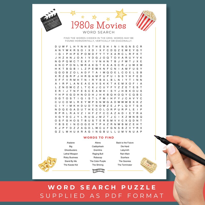 1980s Movie Word Search Printable, 80s Movies Puzzle Game, Movie Night ...