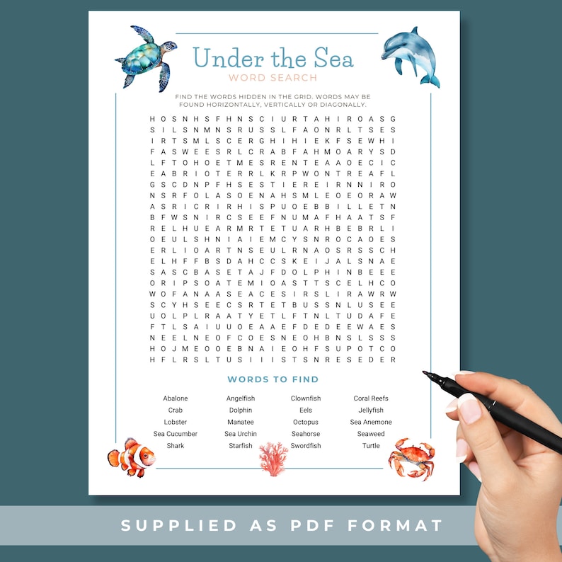 Under the Sea Word Search, Printable Sealife Word Puzzle, Aquarium Word ...