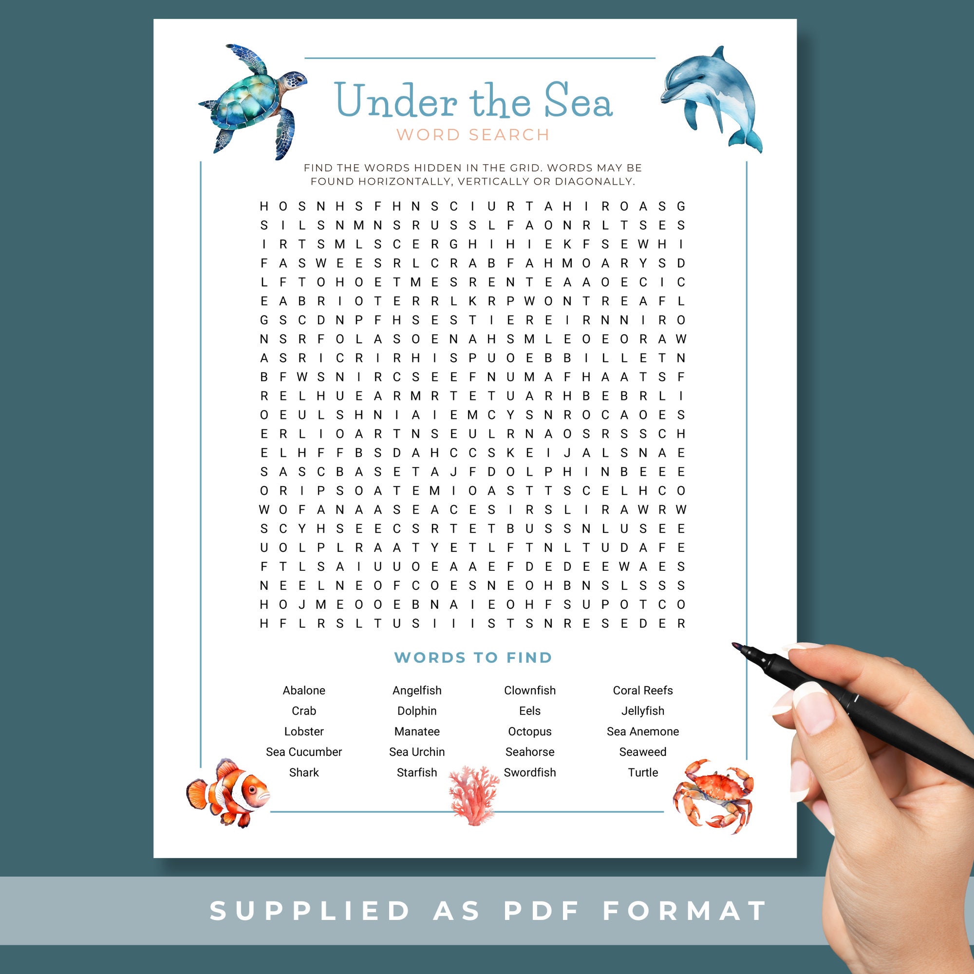 Under the Sea Word Search, Printable Sealife Word Puzzle, Aquarium Word ...