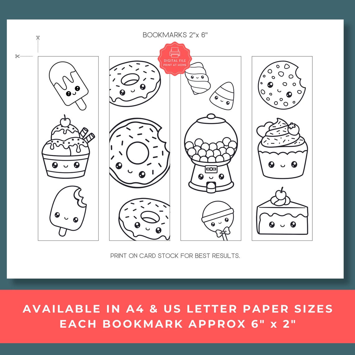 Kawaii Coloring Bookmarks, Printable Bookmarks to Color, Cute Food ...