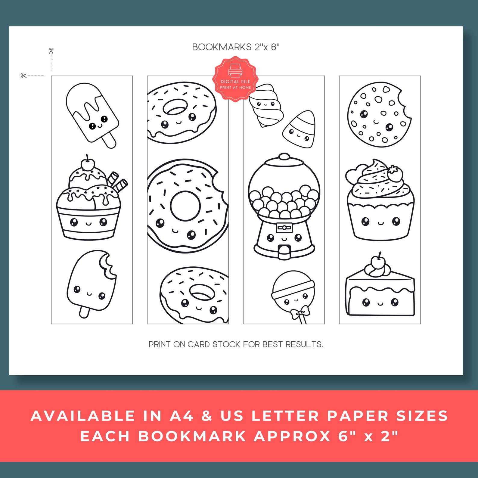 Kawaii Coloring Bookmarks, Printable Bookmarks to Color, Cute Food ...