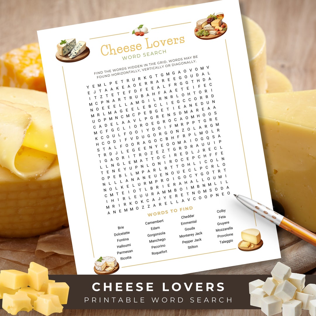 Cheese Lovers Word Search, Printable Dinner Party Game, Cheese and Wine ...