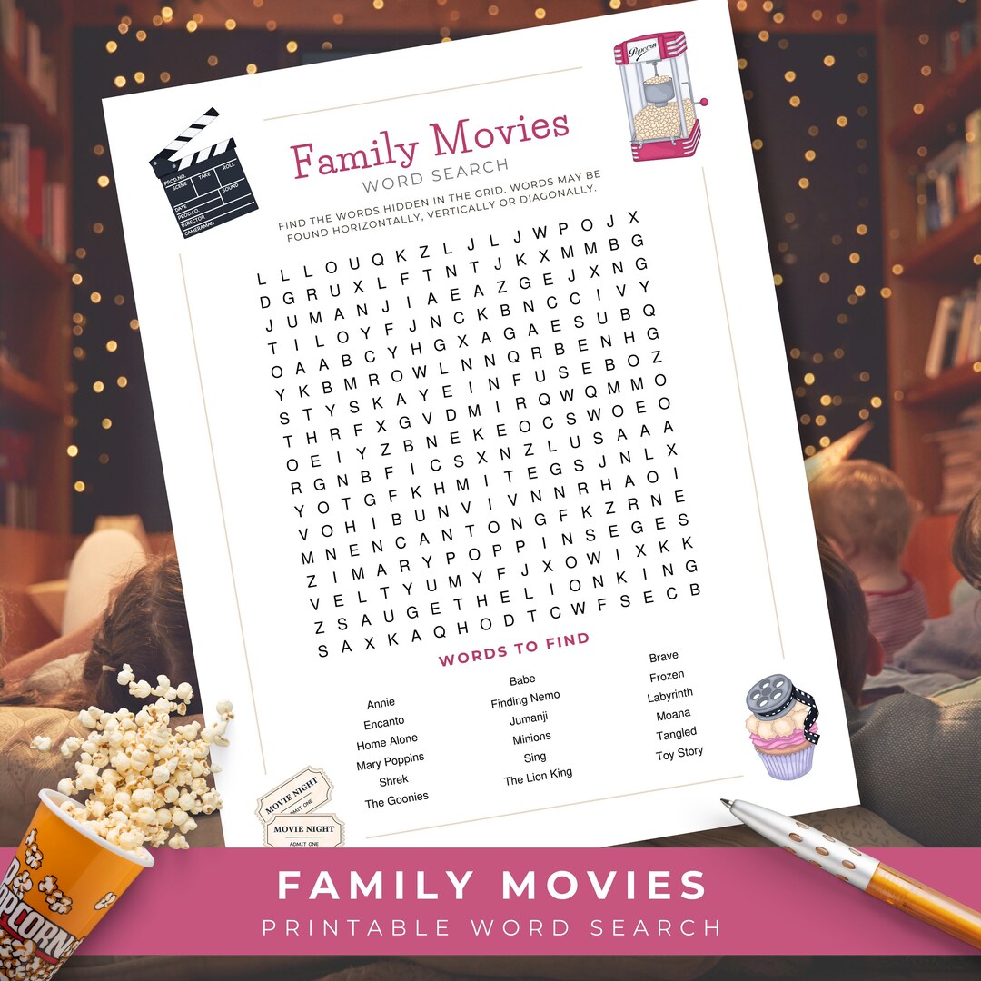 Family Movies Word Search, Printable Movie Night Puzzle Activity, Party ...