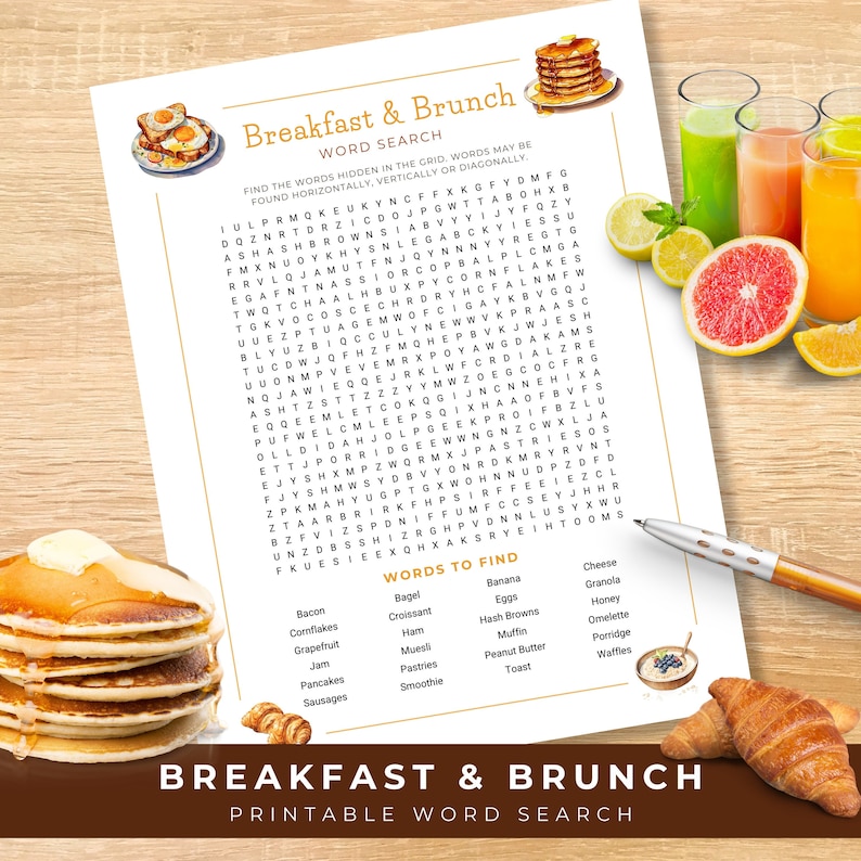 Breakfast Word Search, Brunch Printable Word Games, Brunch Party Games ...