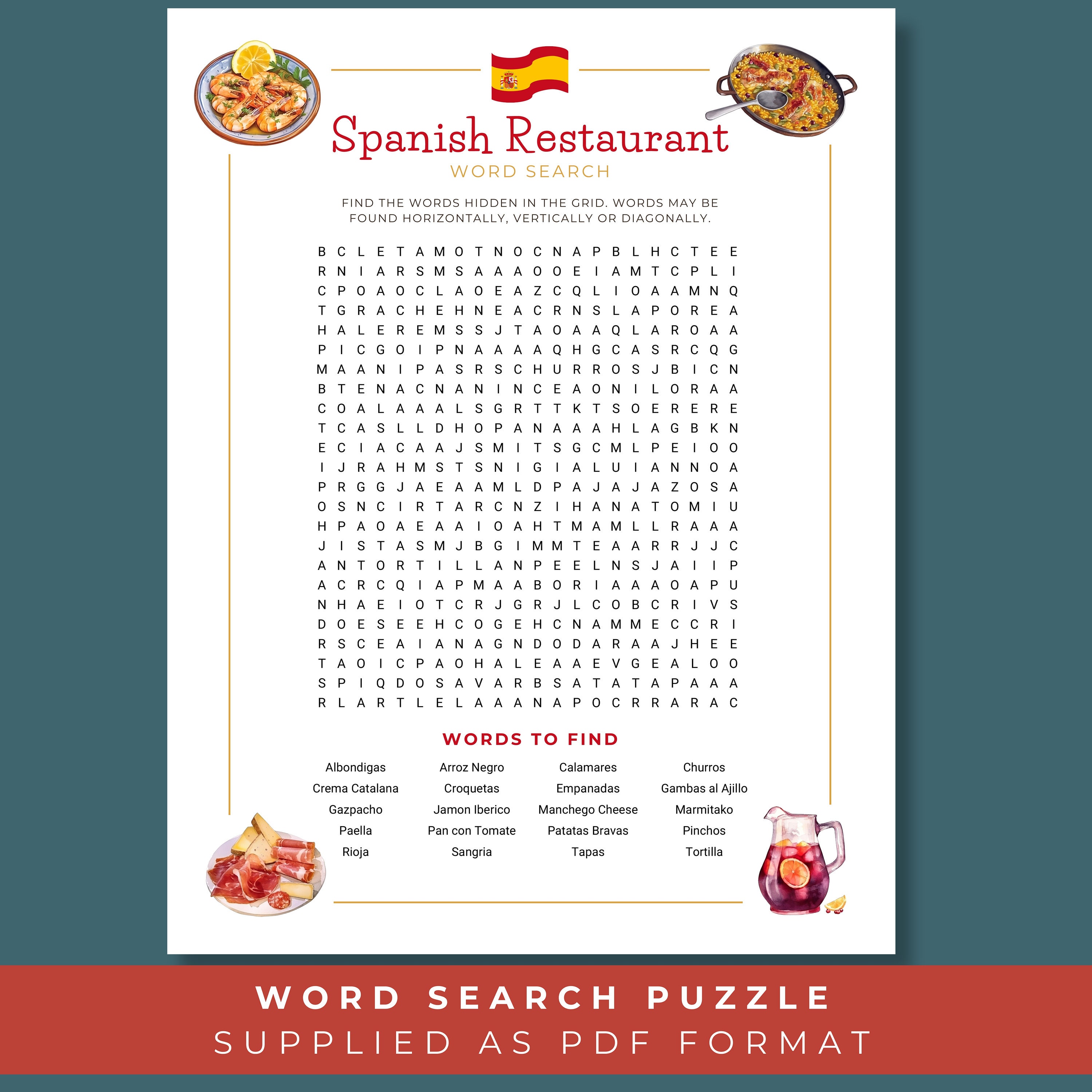 Spanish Food Word Search, Tapas Night Games, Printable Puzzle Game ...
