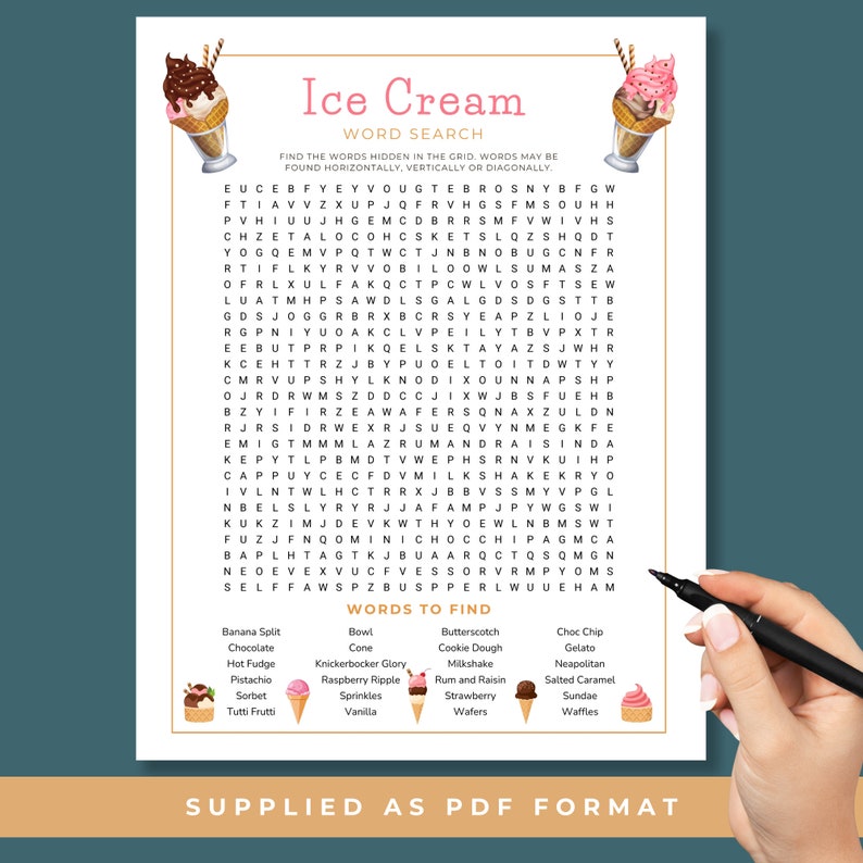 Ice Cream Word Search for Adults, Summer Party Game Printable, Ice ...