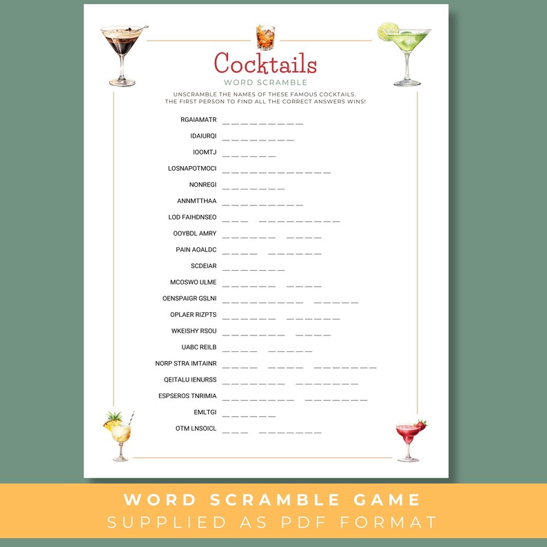 Cocktail Word Game, Printable Adult Party Games, Boozy Brunch ...
