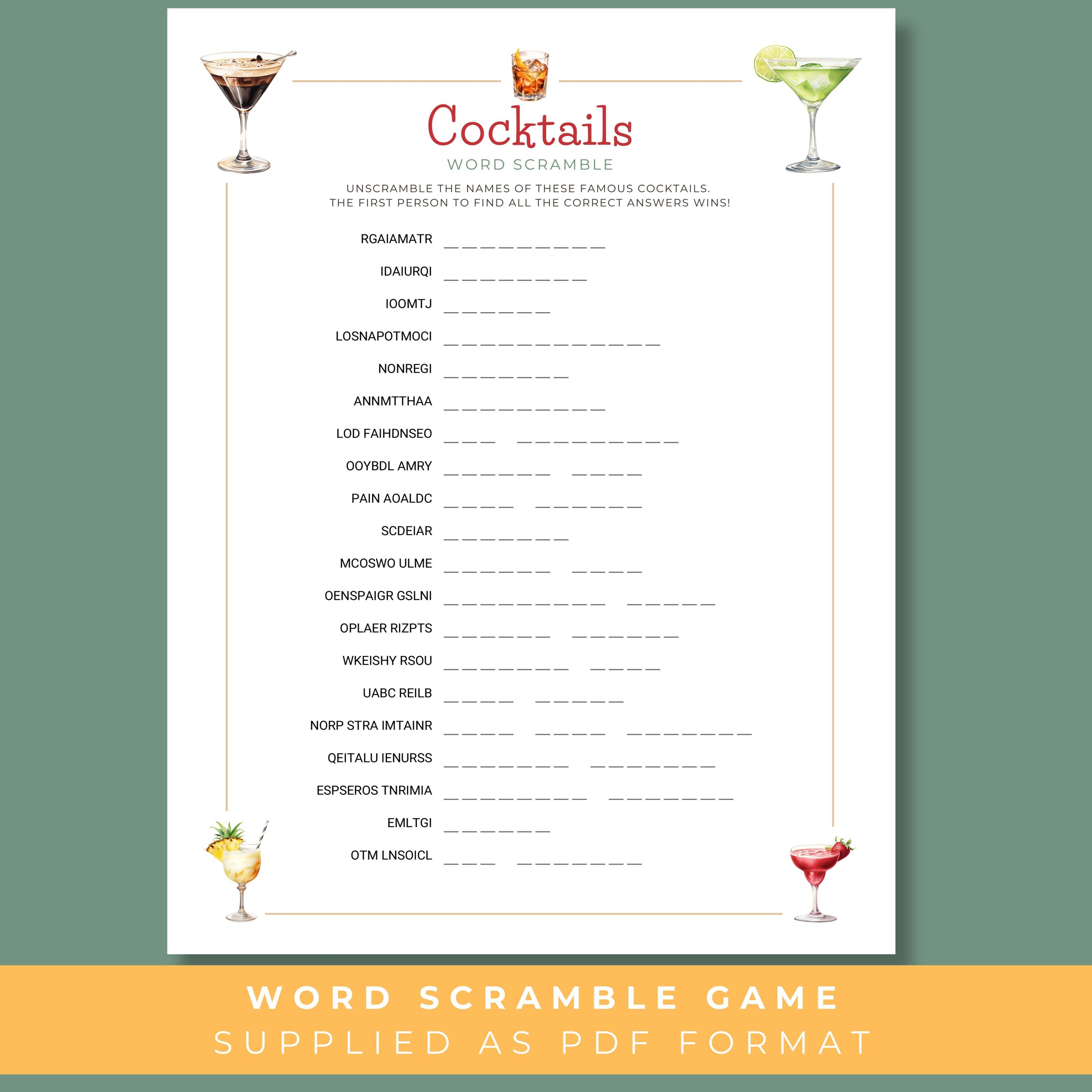 Cocktail Word Game, Printable Adult Party Games, Boozy Brunch ...