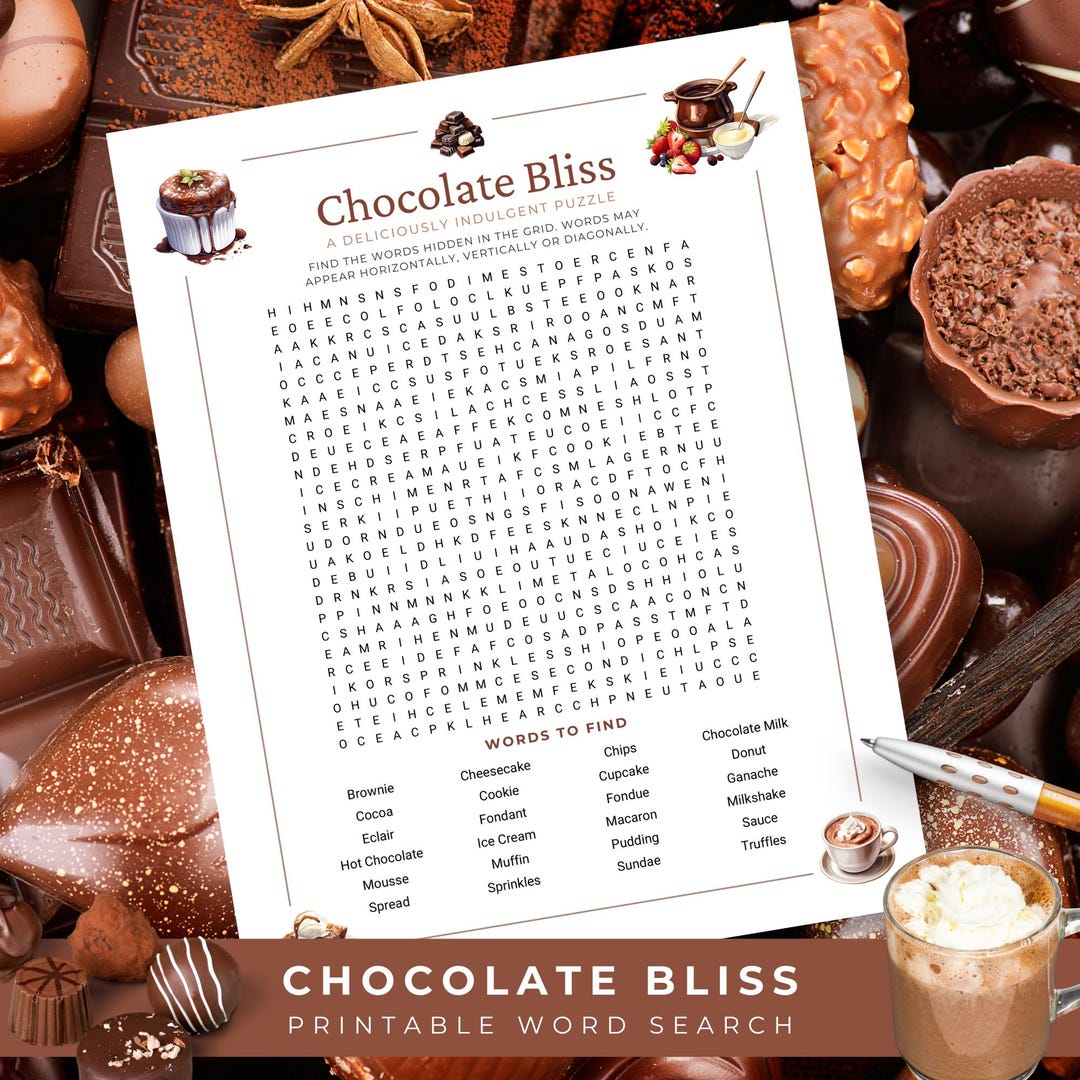 Chocolate Word Search Printable, Indulgent Dessert Puzzle for ...