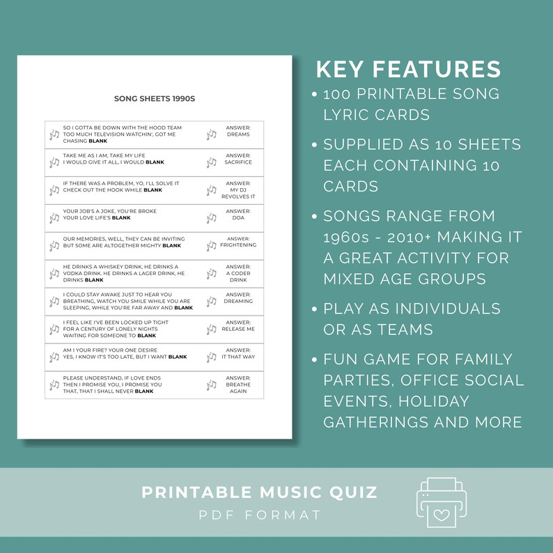 Printable Music Quiz Party Game, Pop Songs Triva Game for Adults ...