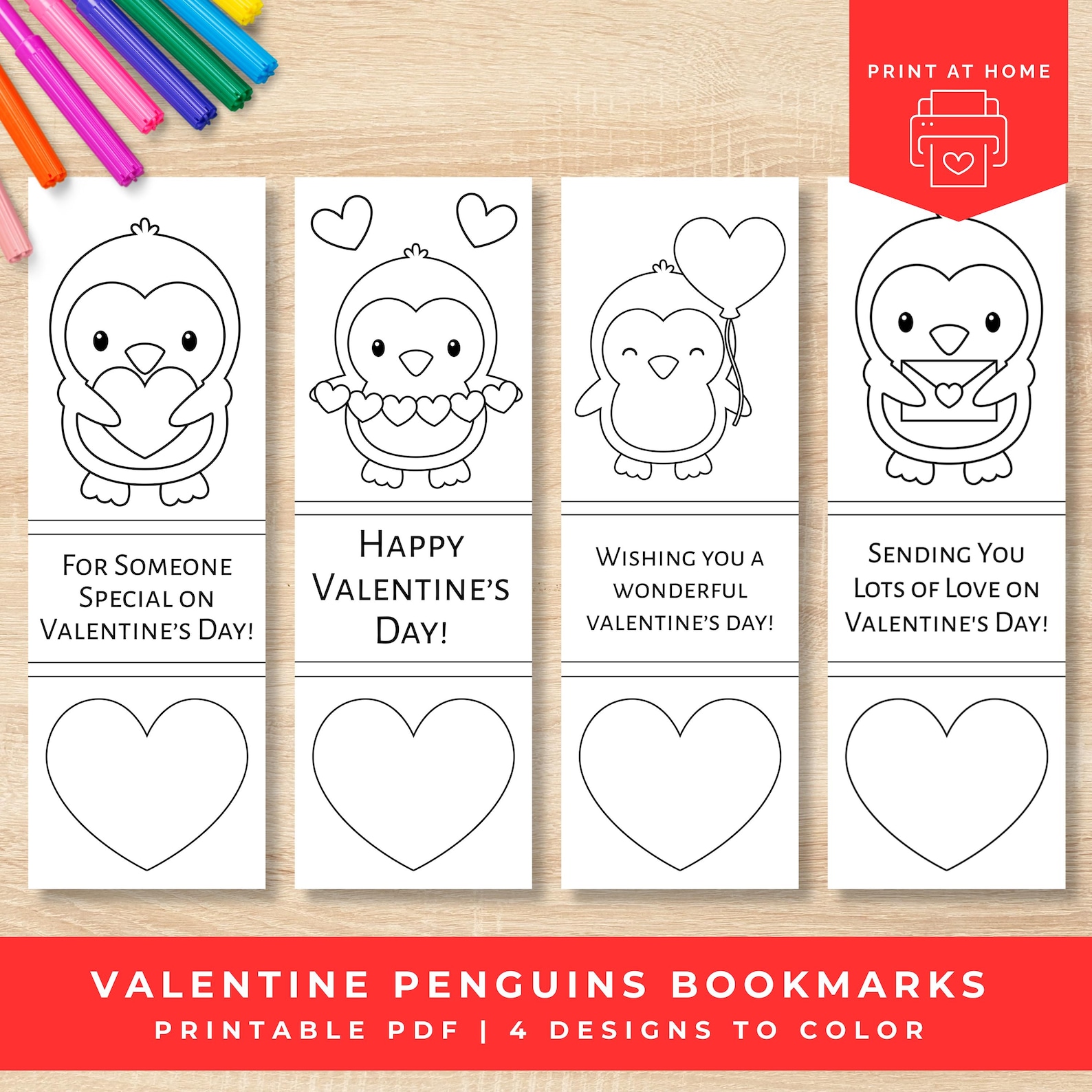 Valentine’s Day Bookmarks to Color, Valentine Penguin Coloring ...