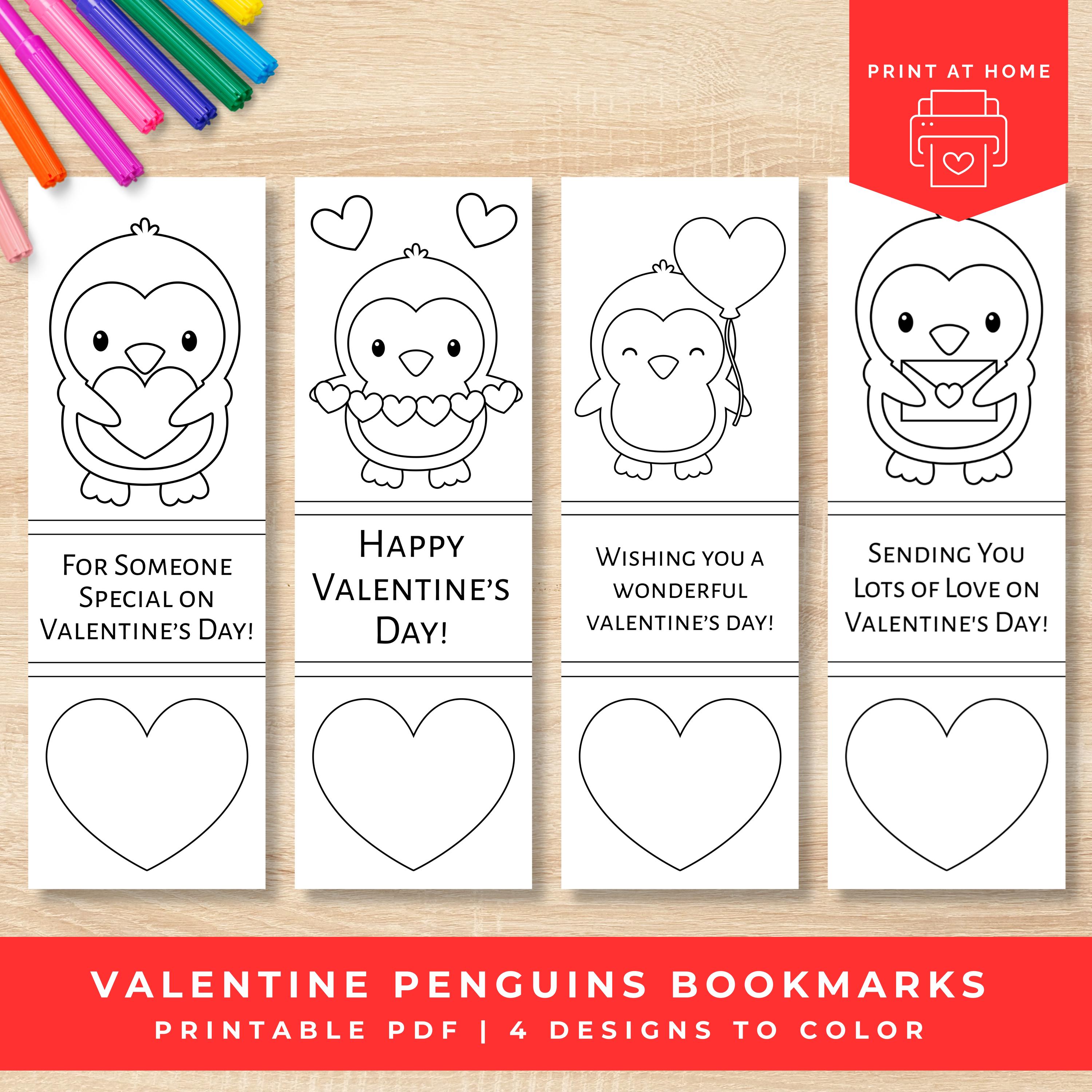 Valentine’s Day Bookmarks to Color, Valentine Penguin Coloring ...