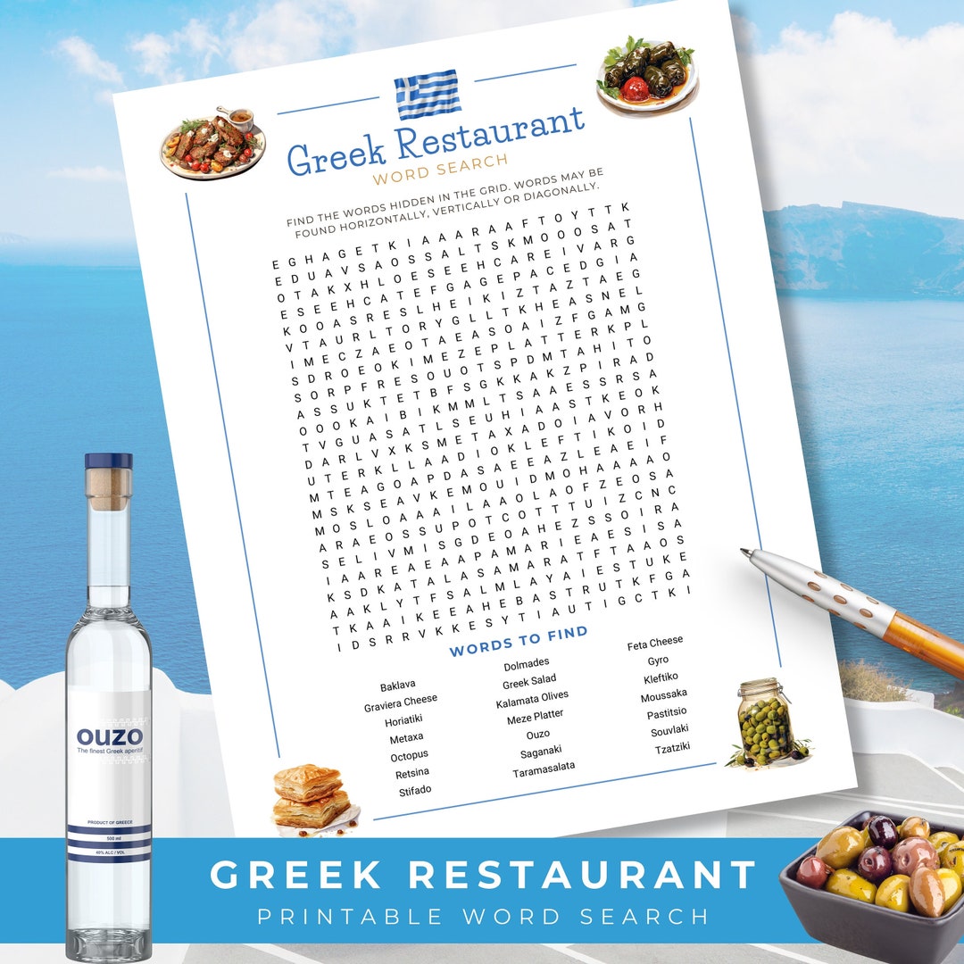 Greek Food Word Search, Printable Word Search, Greek Restaurant Game ...